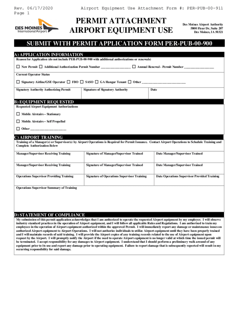 Fillable Online Airport Equipment Use Attachment Form #: PER-PUB-00-911 ...