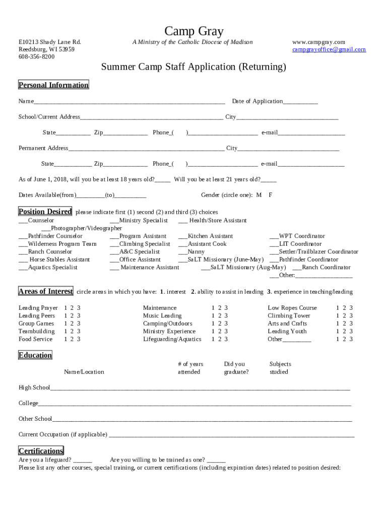 Summer Camp Staff Application (Returning) Doc Template | pdfFiller
