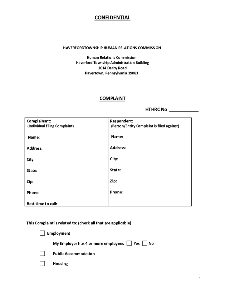 Fillable Online Human Relations Commission Complaint Form - Haverford ...