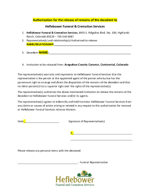 Fillable Online Authorization for the release of remains of the ...