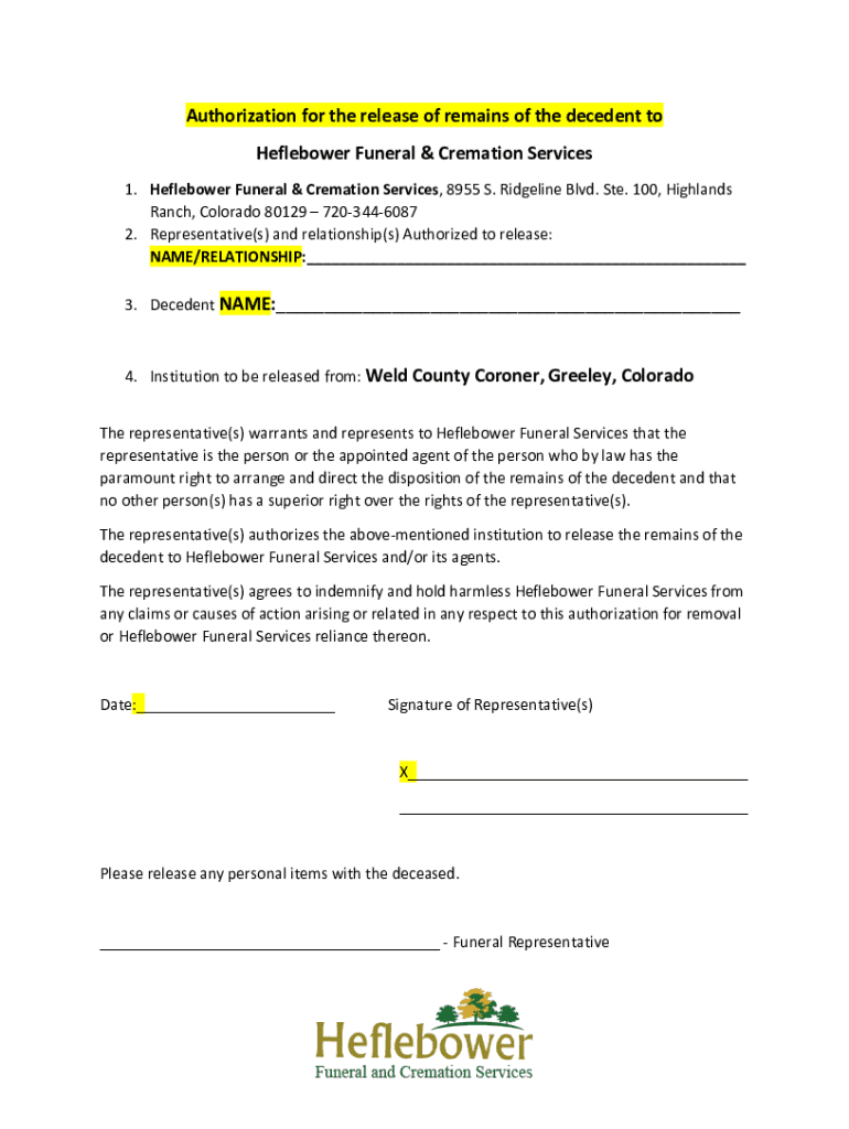 Fillable Online Authorization for the release of remains of the ...
