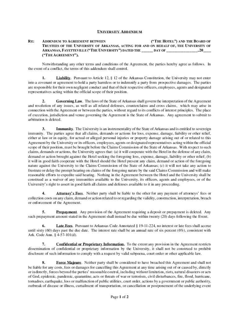 Fillable Online procurement uark RE ADDENDUM TO AGREEMENT BETWEEN (THE ...