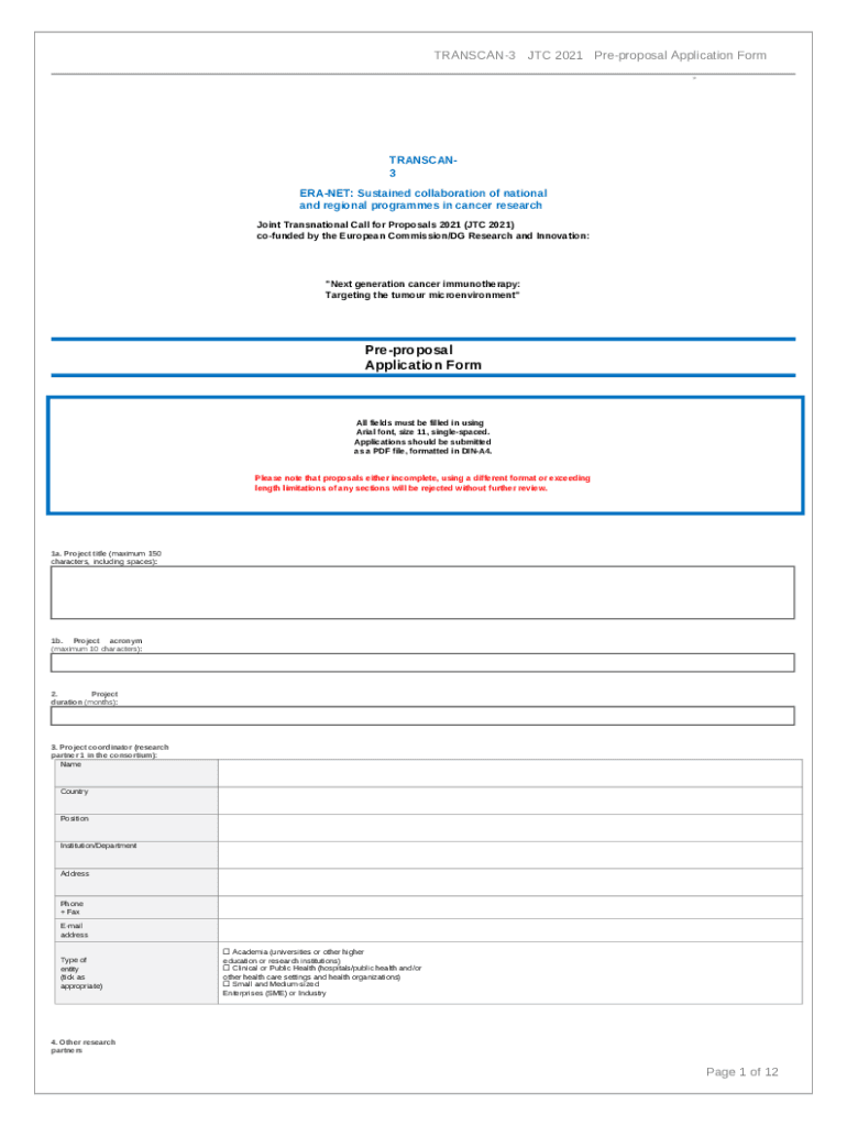 TRANSCAN-3 JTC 2021 Pre-proposal application Doc Template | pdfFiller