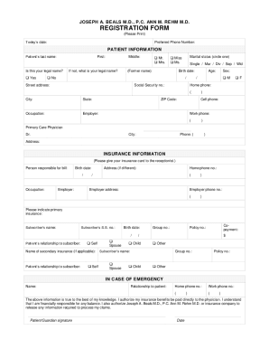 Fillable Online Medical office registration form. Joseph A. Beals M.D., P.C. Ann M. Rehm M.D ...
