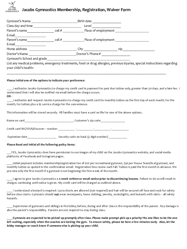 Fillable Online Demarays Gymnastic Academy Registration & Membership ...