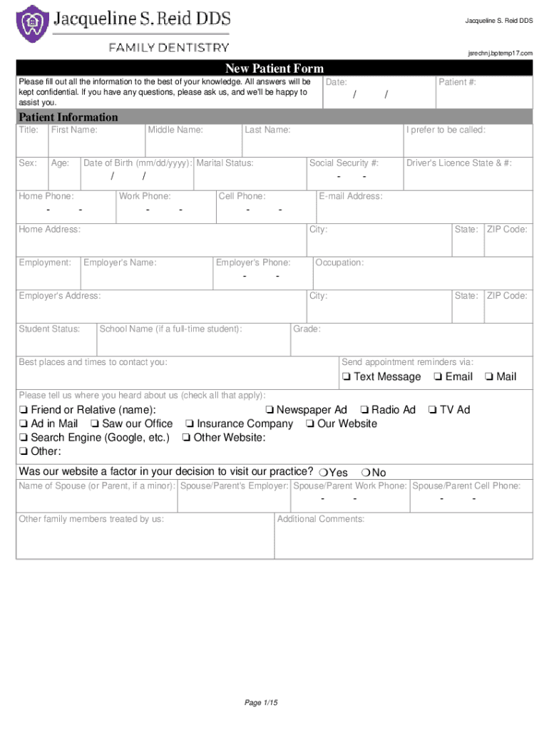 Fillable Online Jacqueline S. Reid DDS New Patient Forms. Jacqueline S ...