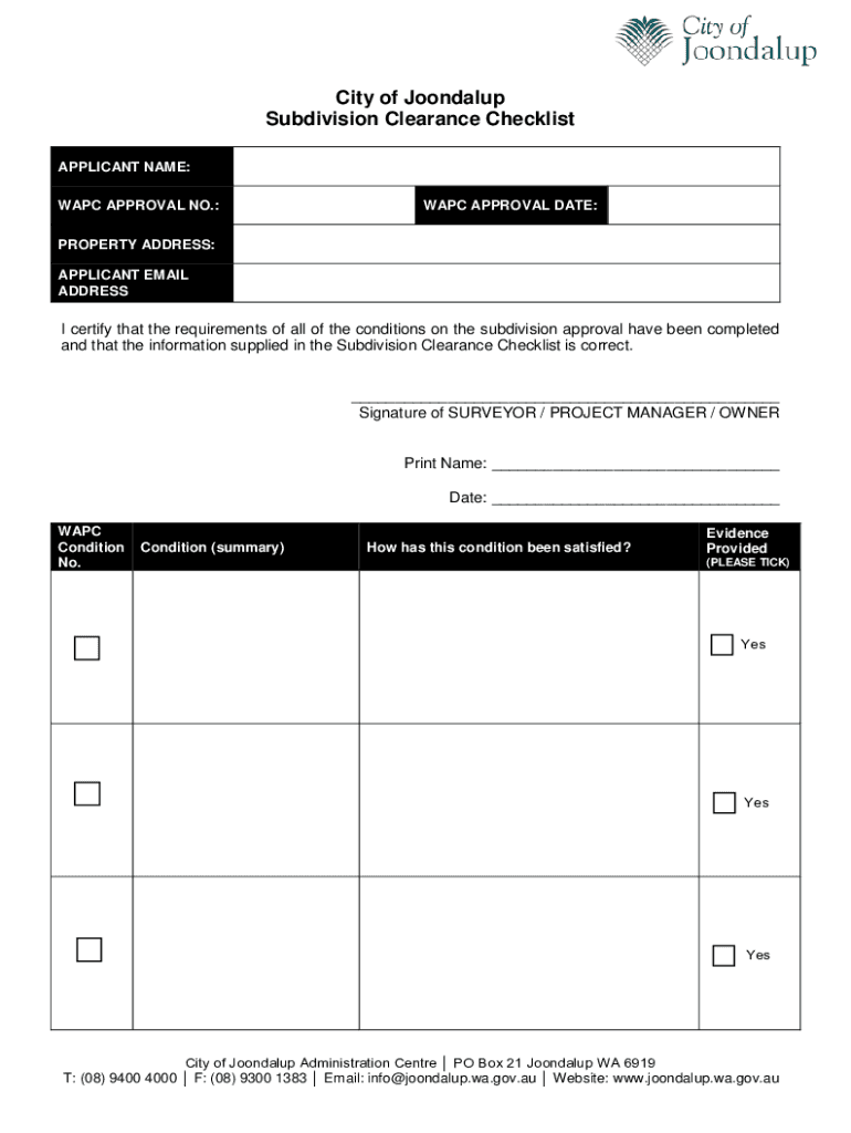 Fillable Online Subdivision Clearances Checklist - City of Stirling Fax Email Print - pdfFiller