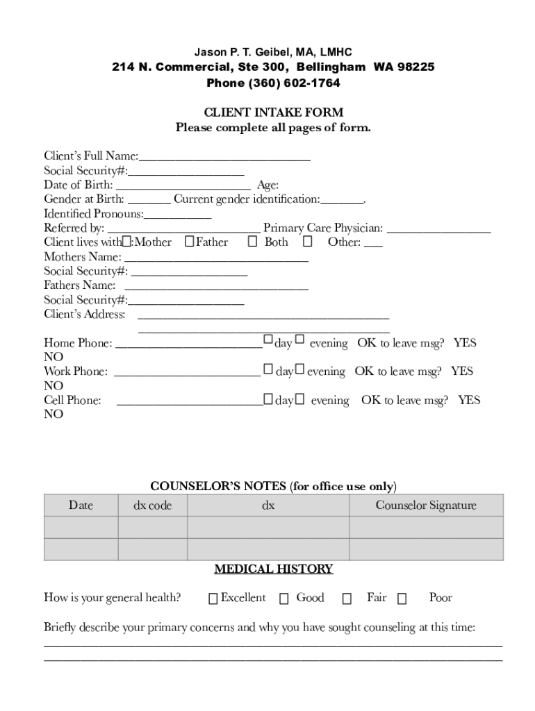 Fillable Online Jason P. T. Geibel, MA, LMHC 214 N. Commercial, Ste 300 ...