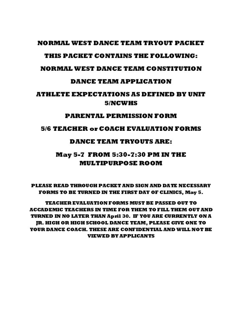 Fillable Online NORMAL WEST COMPETITIVE DANCE TEAM TRYOUT PACKET Doc ...