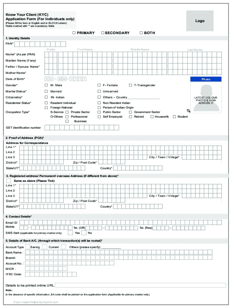 Fillable Online KYC form for Primary/Secondary/Both Markets in Fillable ...