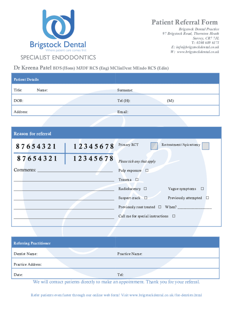 Fillable Online Brigstock Endodontics referral form NEW.docx Fax Email Print - pdfFiller