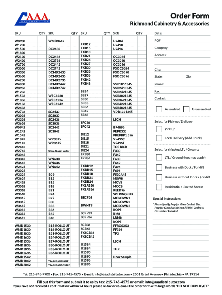 Fillable Online Quick Order Form for Richmond RTA Kitchen Cabinets Fax ...