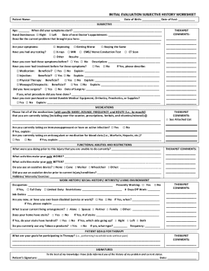 Fillable Online INITIAL EVALUATION SUBJECTIVE HISTORY WORKSHEET Speech ...