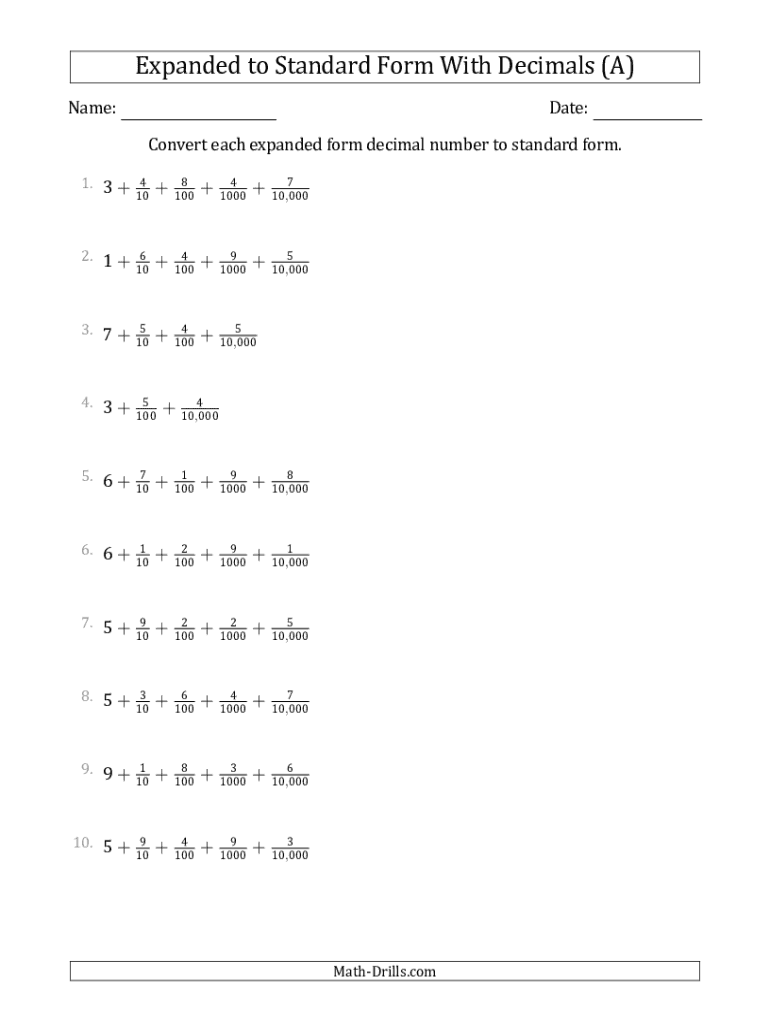 Fillable Online Decimals Worksheet Converting Expanded Form Decimals 