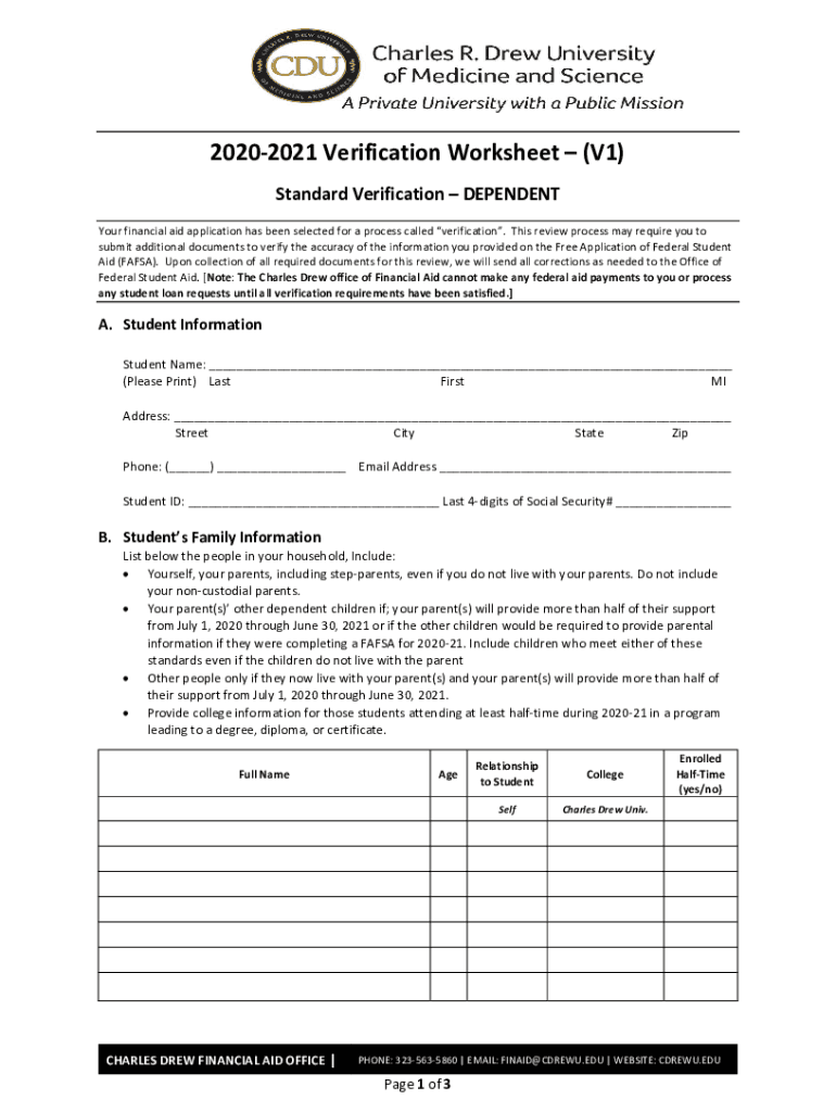 Fillable Online V1 Standard: 2020-2021 DEPENDENT Verification Worksheet ... Fax Email Print ...
