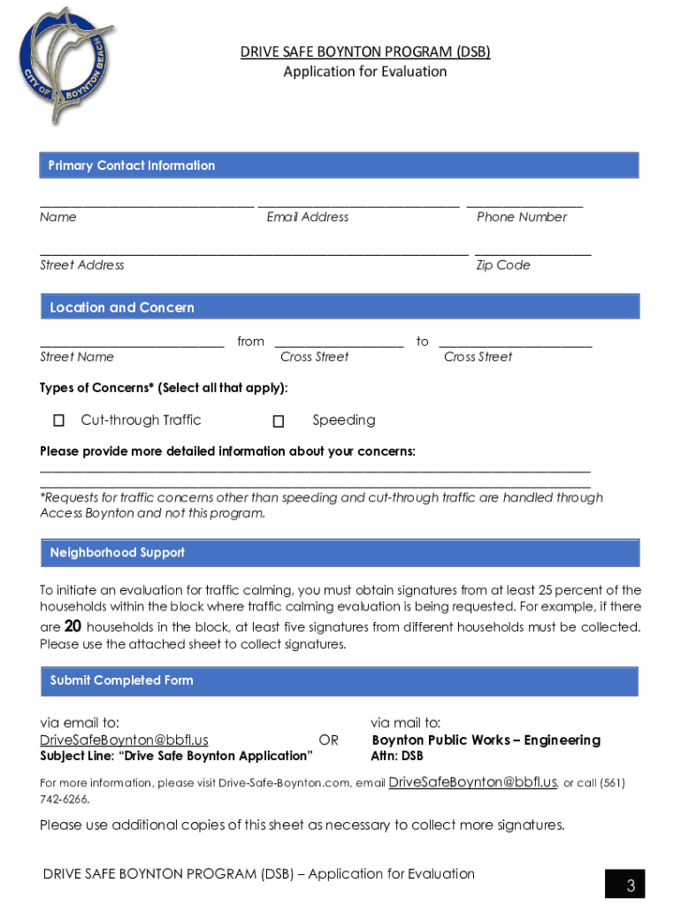 Fillable Online DRIVE SAFE BOYNTON PROGRAM (DSB) Application for Evaluation Fax Email Print ...
