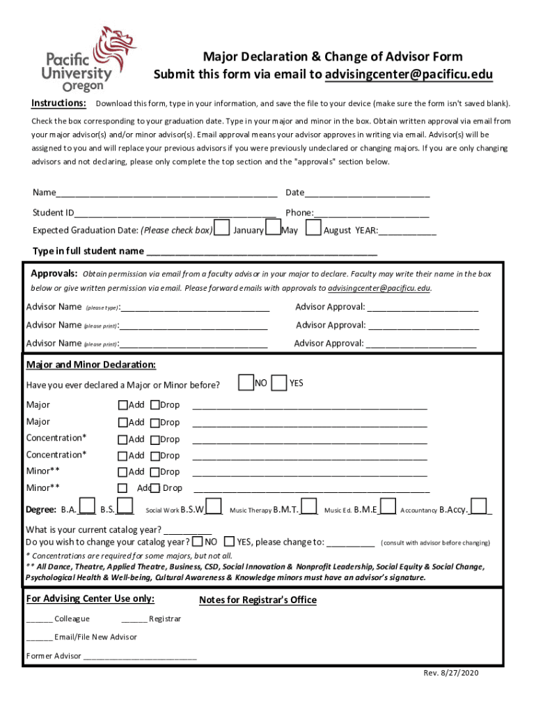 Fillable Online Major Declaration & Change of Advisor Form Submit this ...