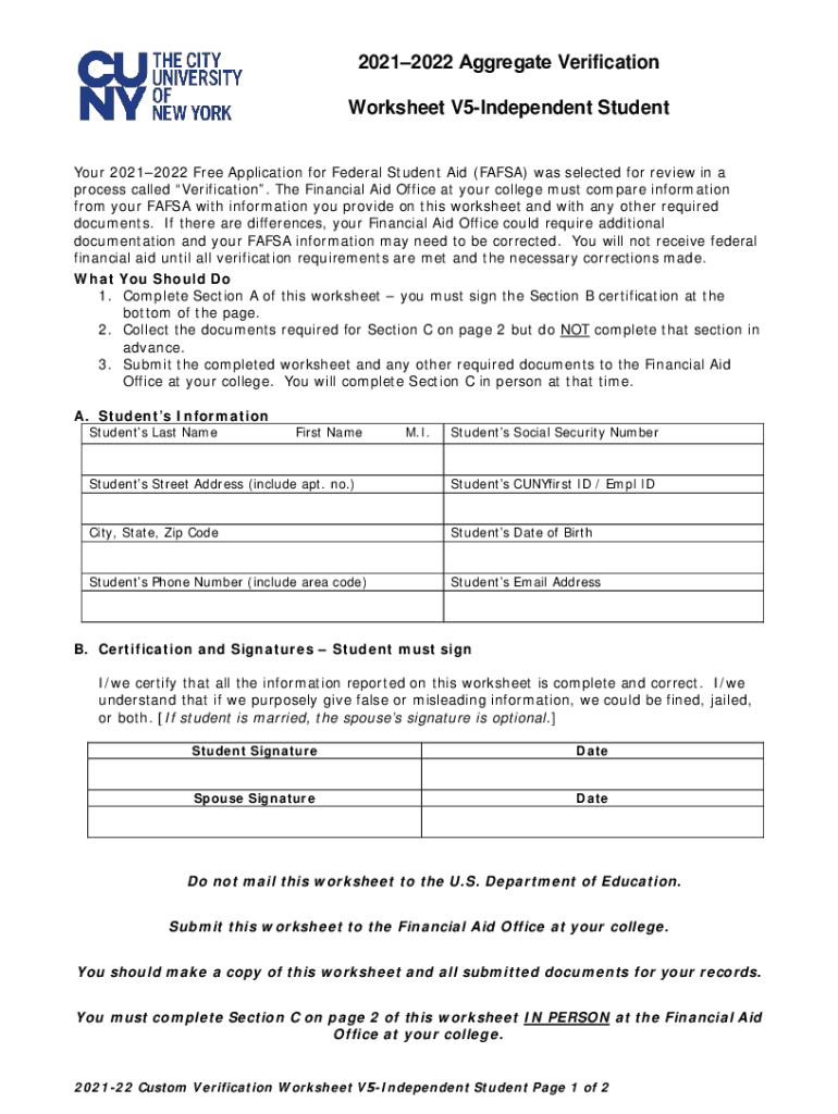 Fillable Online www.cuny.edu20212022INDV5-fillable20212022 Aggregate Verification Worksheet V5 ...