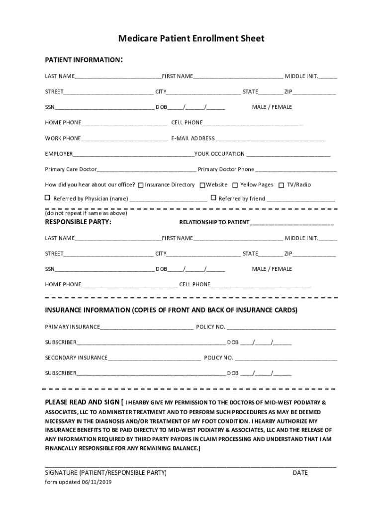 Fillable Online Medicare Patient Enrollment Sheet - Mid-West Podiatry ...
