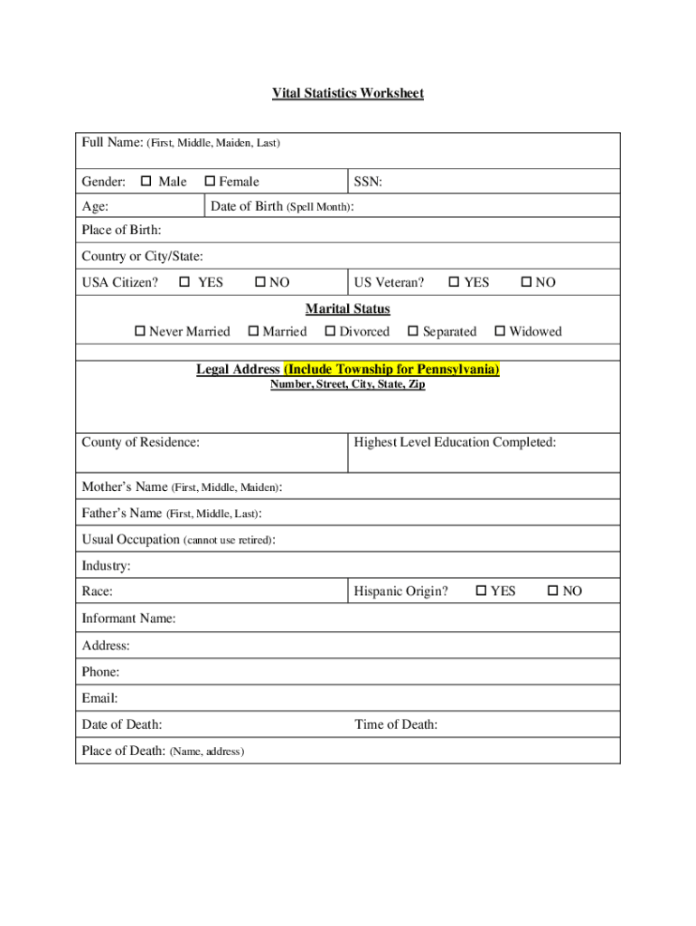 Fillable Online Vital Statistics Worksheet - monocacycremation.com Fax ...