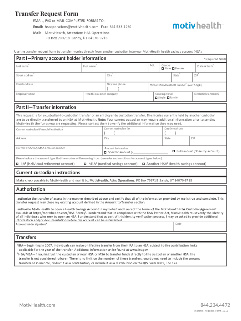 Fillable Online HSA Partial Transfer out Request Form - MotivHealth Fax ...
