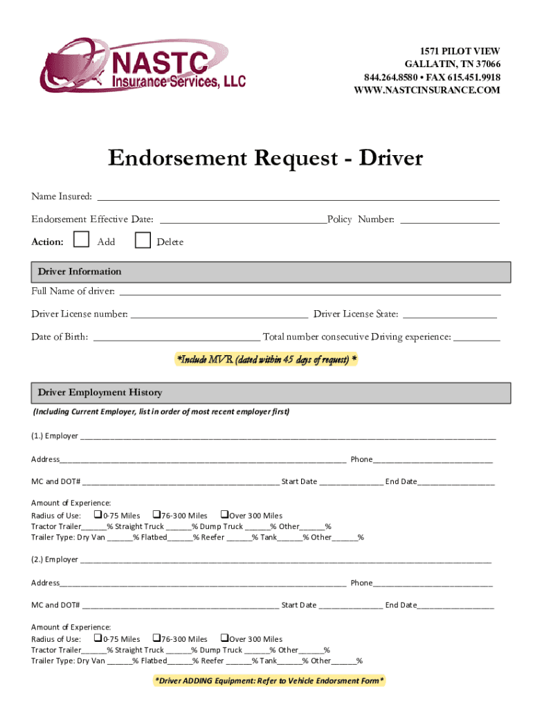 Fillable Online Endorsement Request - Driver Fax Email Print - pdfFiller