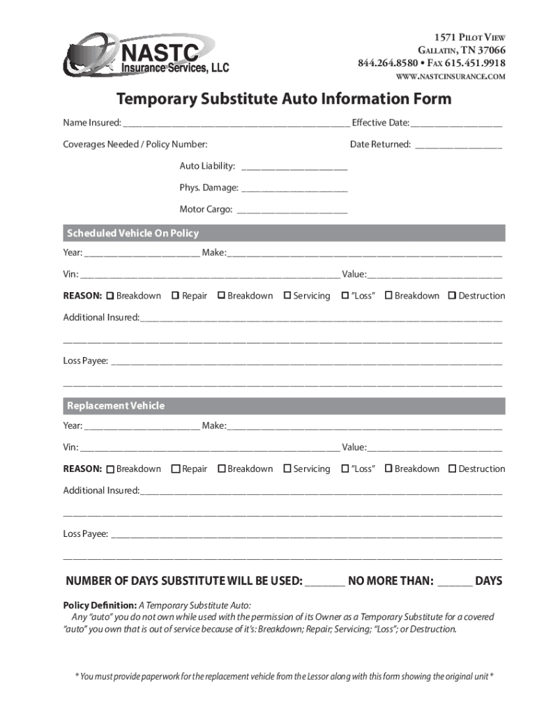 Fillable Online Temporary Substitute Auto Information Form Fax Email ...