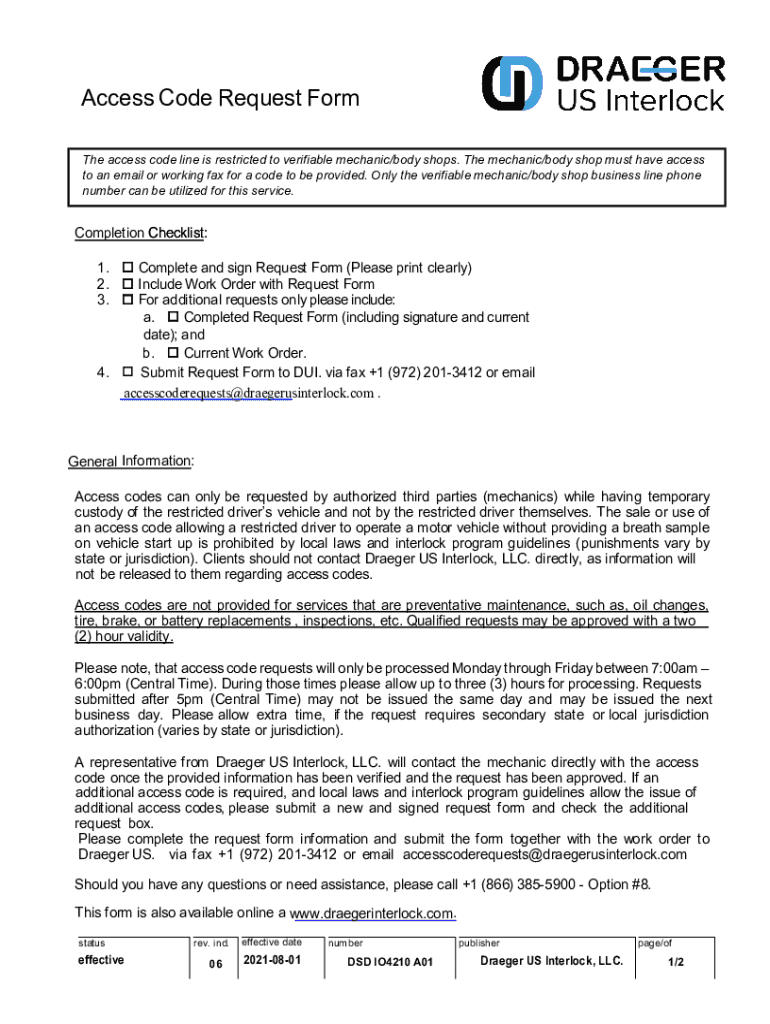 Fillable Online Access Code Request Form - Draeger Ignition Interlock ...