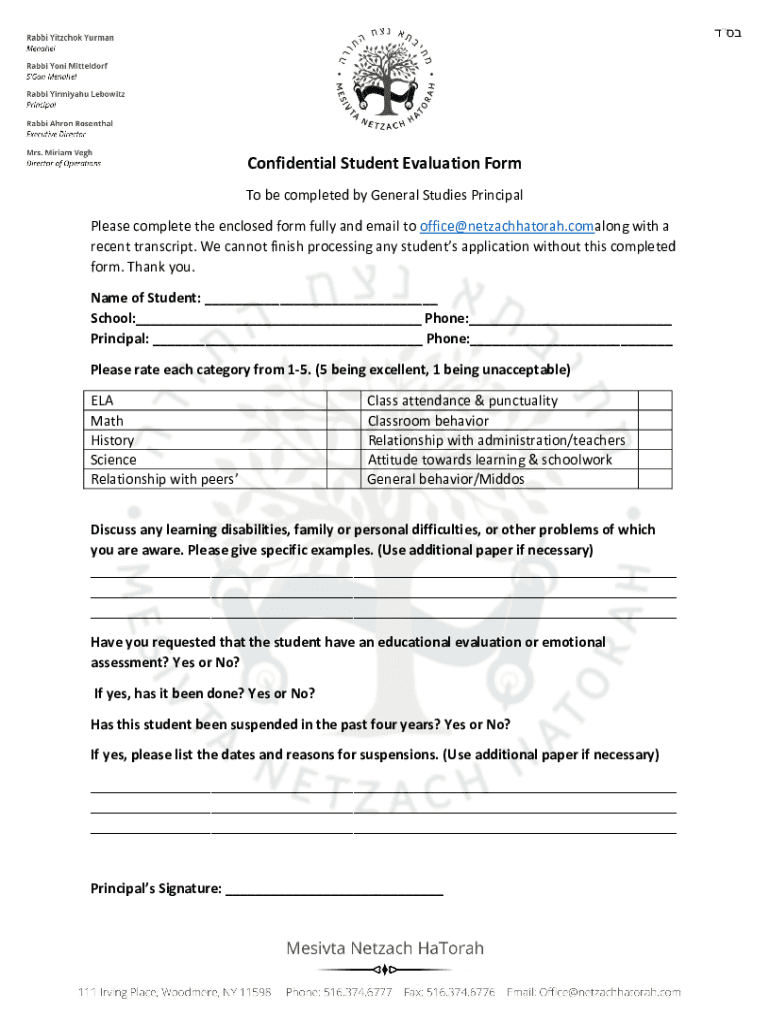 Fillable Online Student Evaluation Form - General Studies Principal Fax Email Print - pdfFiller