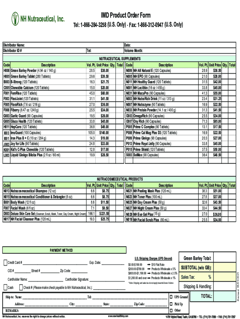 Fillable Online Product Order Form 2021 0601 English copy Fax Email ...