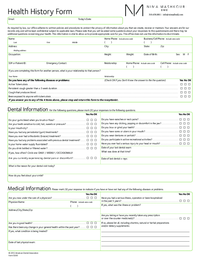 Fillable Online ADA Health History Form - nimadmd.com Fax Email Print ...