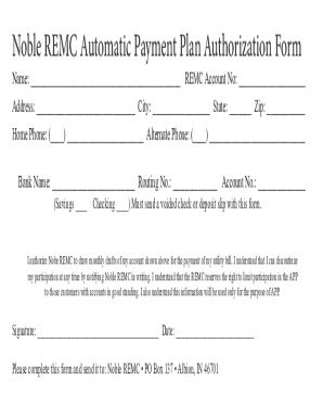 Fillable Online Noble REMC Automatic Payment Plan Authorization Form Fax Email Print - pdfFiller