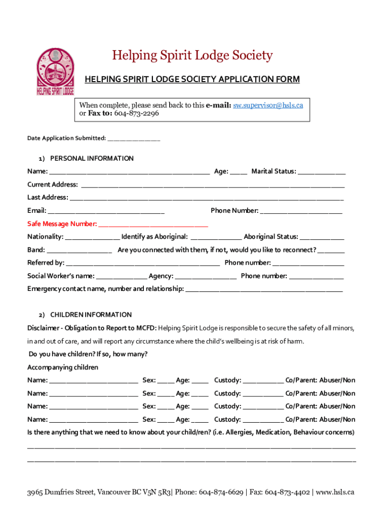 Fillable Online Spirit Lodge Application Form - Helping Spirit Lodge ...