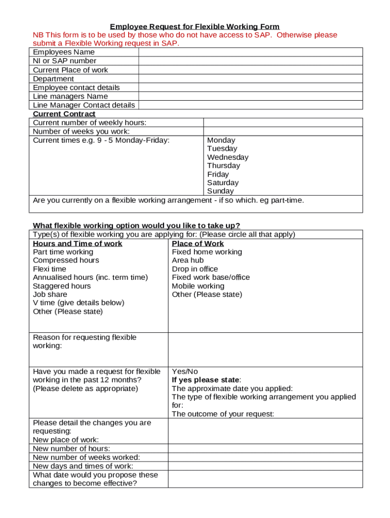 Appendix 1A - Employee Request for Flexible Working Doc Template ...