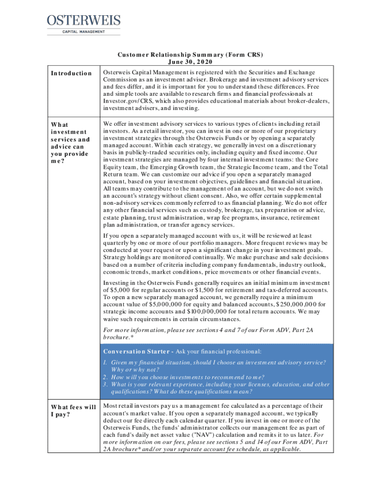 Fillable Online Form CRS (Customer Relationship Summary) June 30, 2020 Fax Email Print - pdfFiller