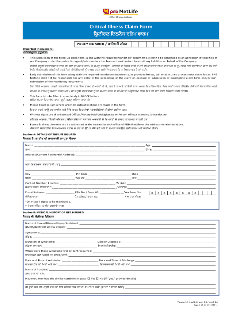 Fillable Online Group Critical Illness Claim Form - PNB MetLife ...