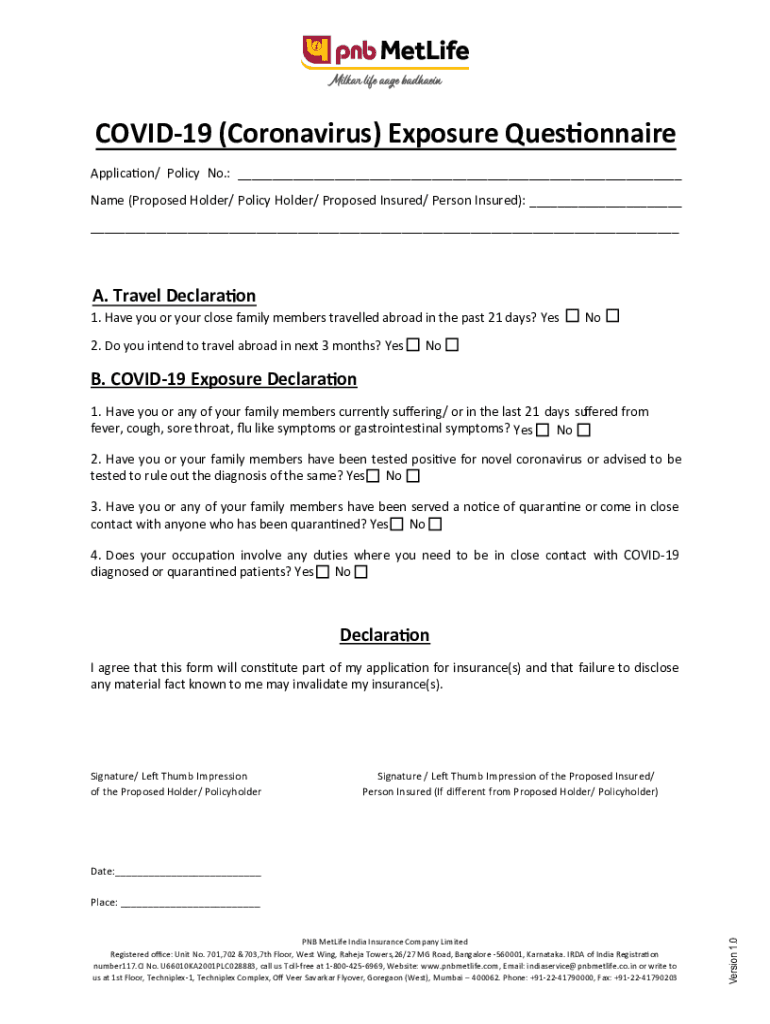 Fillable Online COVID-19 (Coronavirus) Exposure Questionnaire Fax Email ...