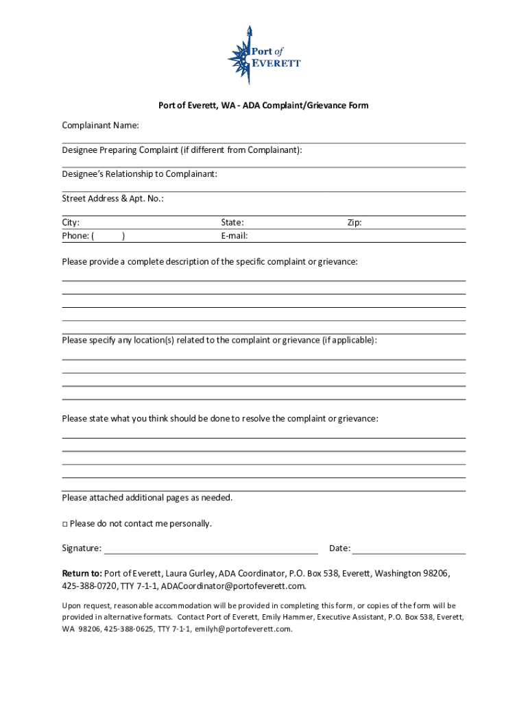 Fillable Online Port of Everett, WA - ADA Complaint/Grievance Form Fax ...