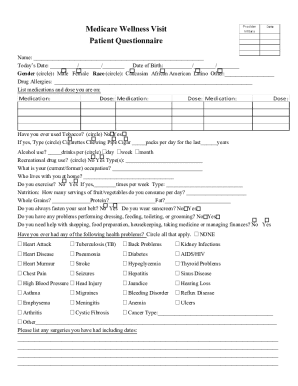Fillable Online Medicare Wellness Visit Patient Questionnaire. Patient ...