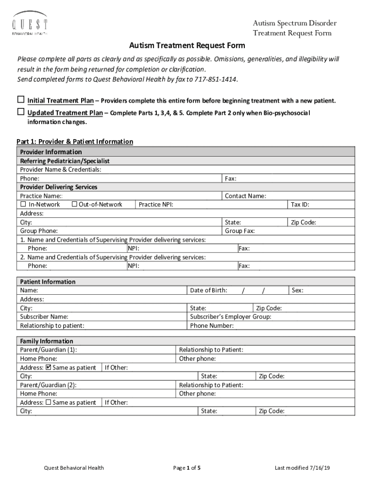 Fillable Online Initial Treatment Request for ABA - BCBSLA Fax Email ...