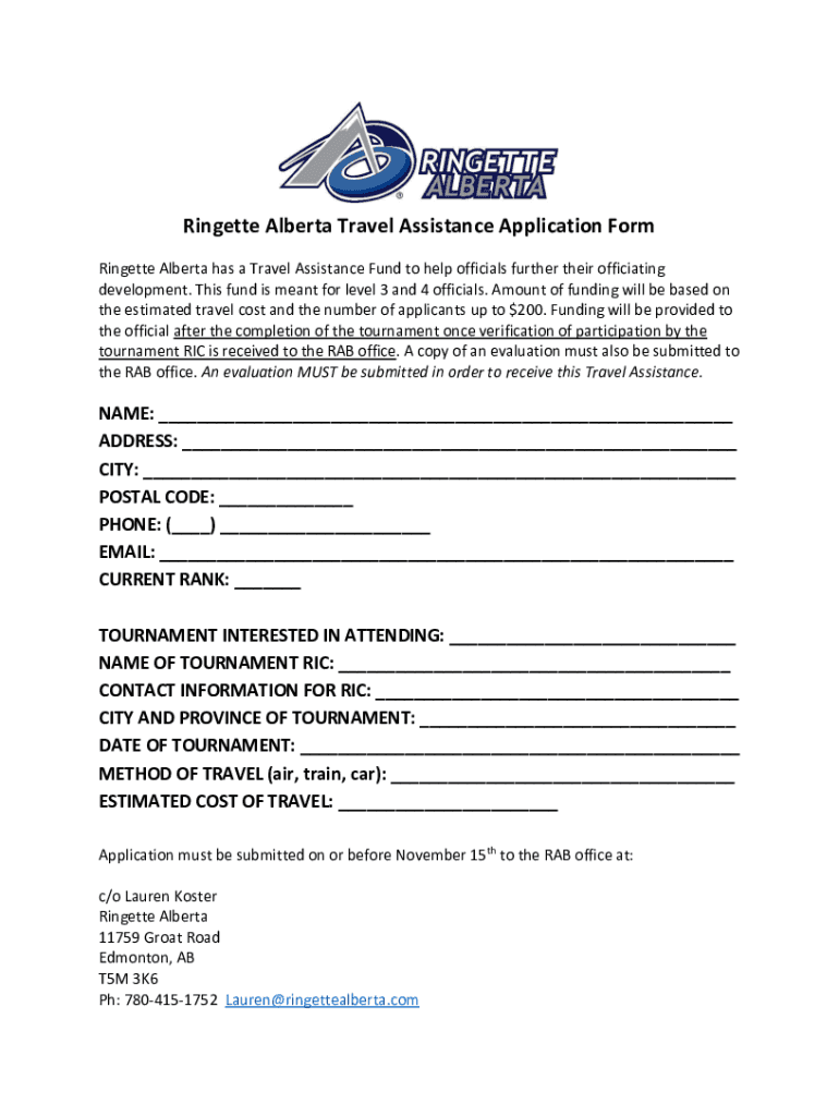 Fillable Online Ringette Alberta Travel Assistance Application Form Fax ...
