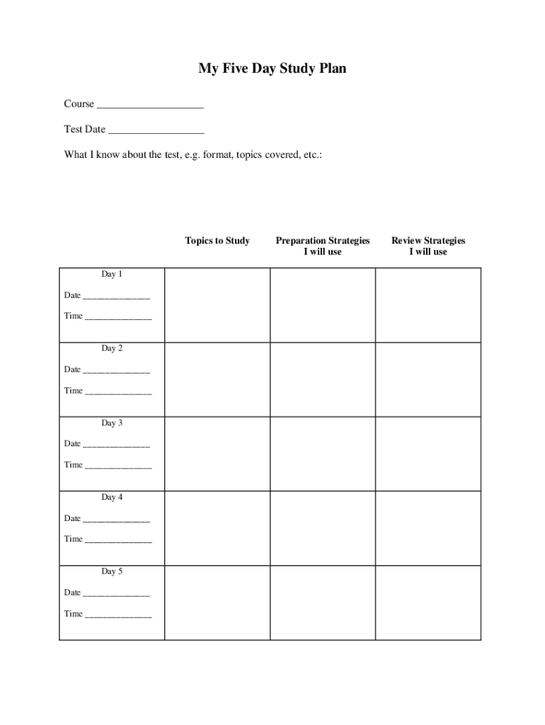 Fillable Online Study Plan Assignment - My Five Day Study Plan Course ...