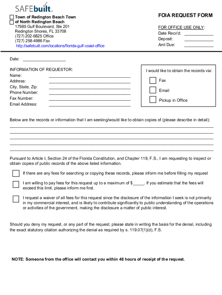 Fillable Online Town of Redington Beach Town FOIA REQUEST FORM of North ...