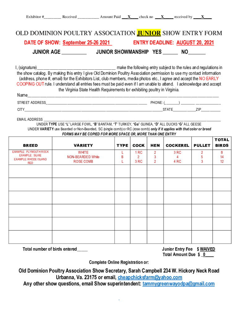 Fillable Online OLD DOMINION POULTRY ASSOCIATION JUNIOR SHOW ENTRY FORM ...