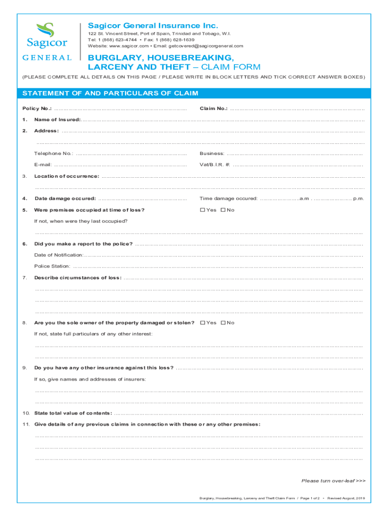 Fillable Online SGI - Burglary Claim Form Fax Email Print - pdfFiller