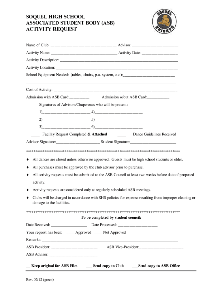 Fillable Online SOQUEL HIGH SCHOOL ASSOCIATED STUDENT BODY (ASB ...