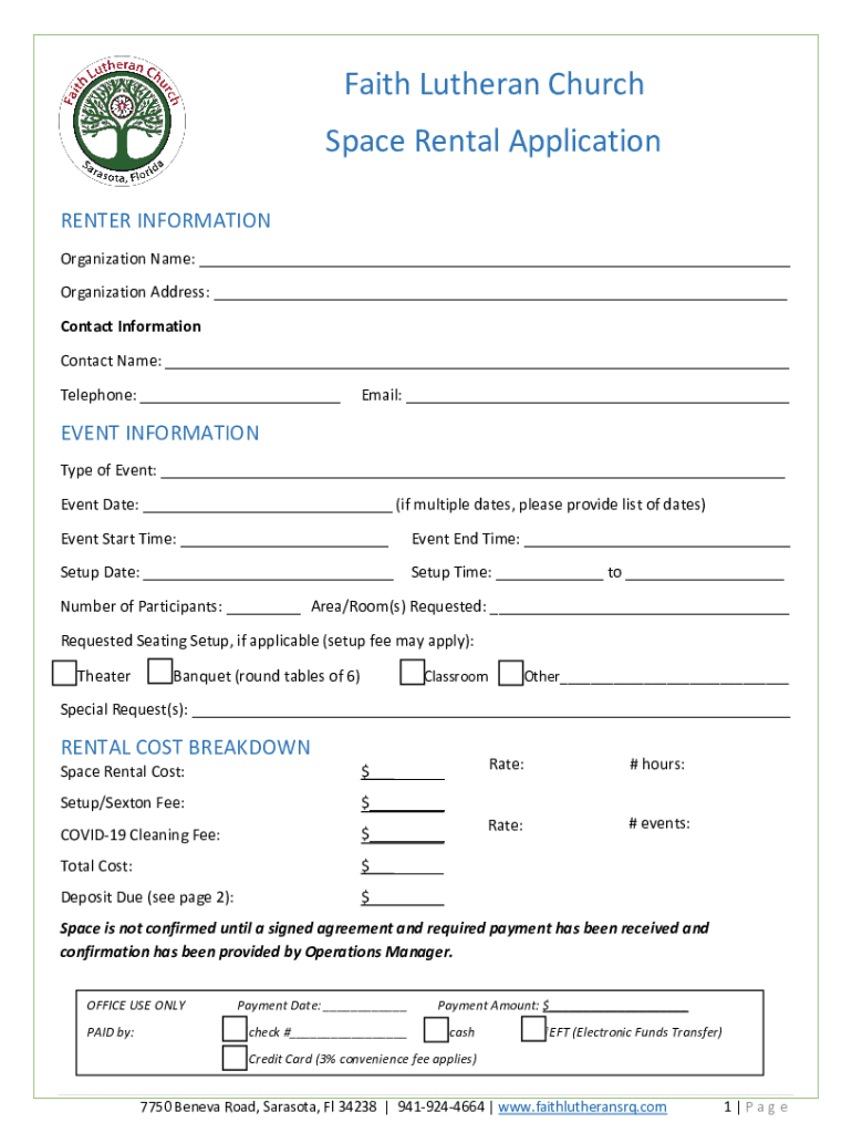 Fillable Online Faith Lutheran Church Rental Request Form Fax Email ...