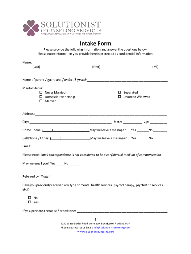 Fillable Online Candida Condor, Psy.D. PATIENT INTAKE FORM Please ...