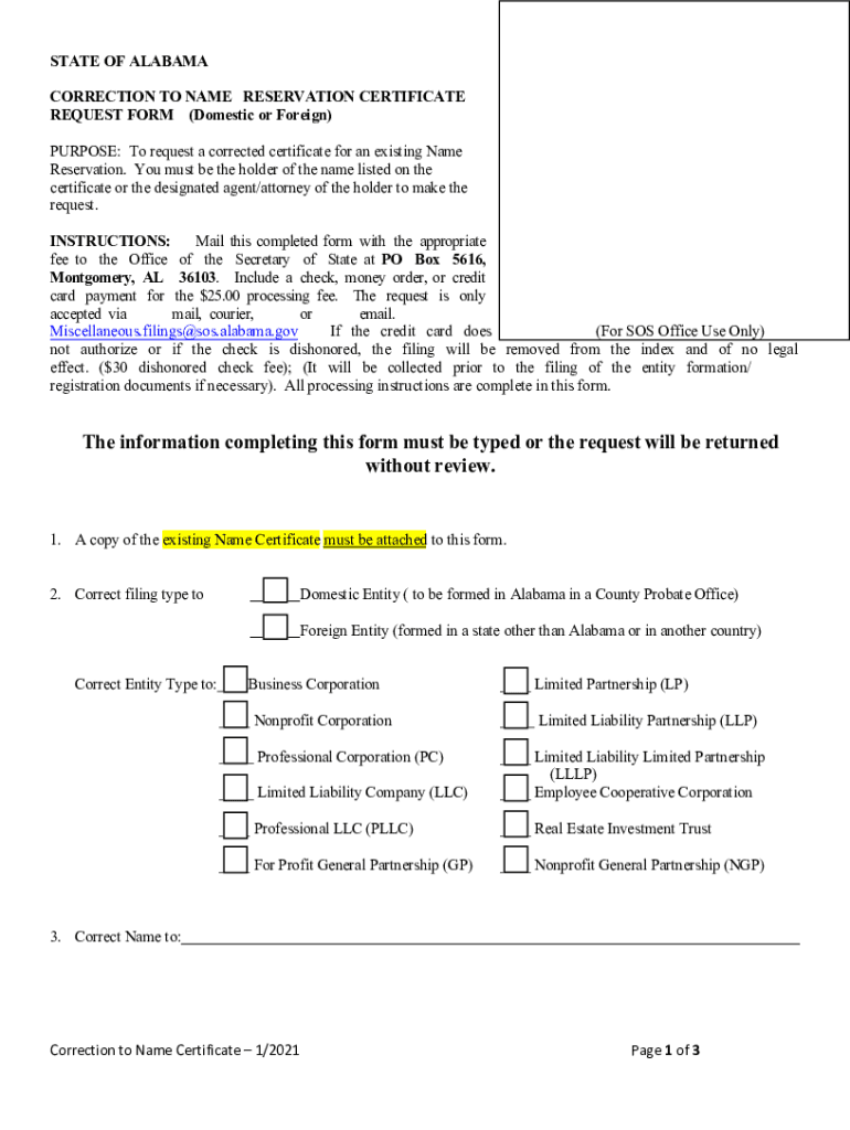 Fillable Online www.sos.alabama.govsitesdefaultCorrection Name ...