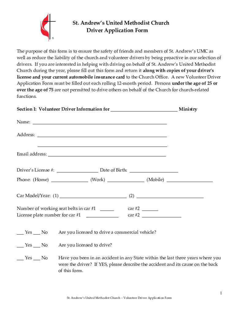 Fillable Online St. Andrews United Methodist Church Driver Application ...
